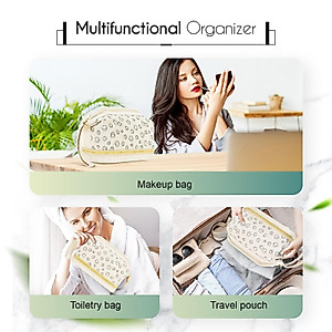 Travel Make up Bag Double Layer Cosmetic Bag Gift for Women Preppy Stuff Bag for Her Mom Girlfriend Wife Teacher 12 13 14 15 16 Years Old Teen Girl Gifts Trendy Smile (Beige)