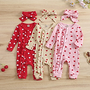 BOUTIKOME Infant Baby Girl Valentines Day Outfit Love Heart Print Footie Romper Ruffle One Piece Onesie Newborn Headband(Beige-10,12-18M)
