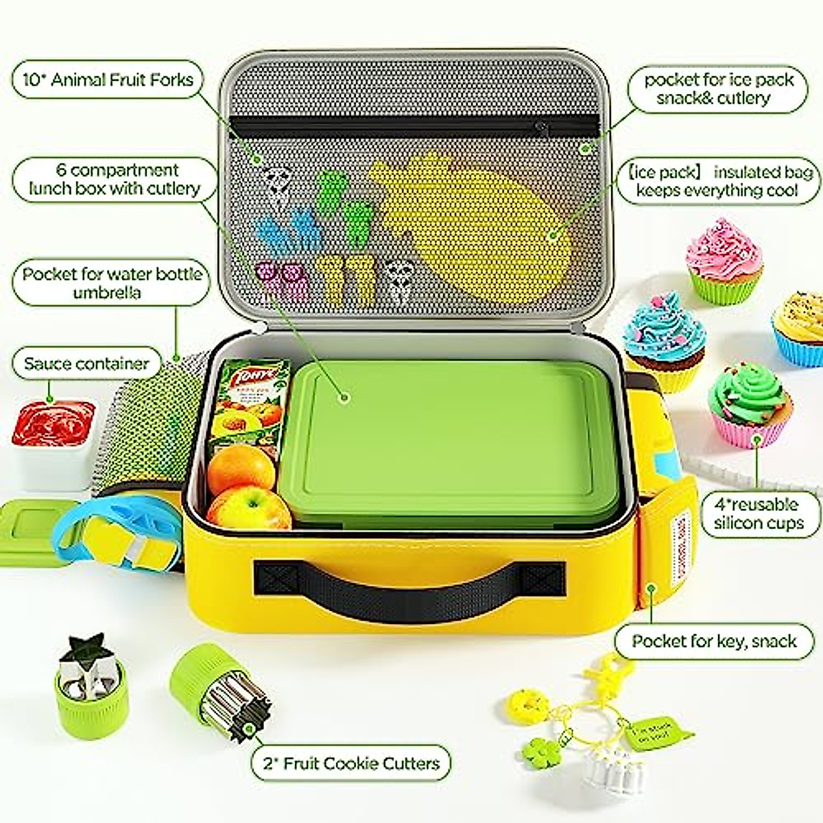 HOMETALL Bento Lunch Box Kit - Lunch Box Kids with Insulated Lunch Bag and Fun Accessories, 1450ML-6 Compartment Leak-Proof Bento Box, Suitable for Kids Go to School, Picnics, BPA-Free