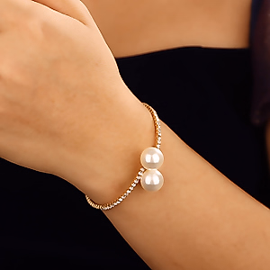 YERTTER Gold Full Rhinestone Crystal Pearl Open Bangle Bracelet Tennis Chain Cuff 1920s Pearl Cuff Bridal Bangle Bracelet Wedding Hand Chain Gift for Women Girls (Style A-Gold)