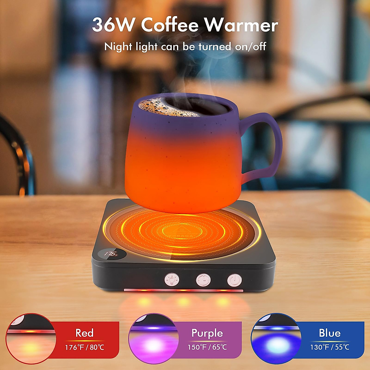 VOBAGA 36W Candle Warmer & Mug Warmer for Coffee with 5.2 inch Heating Plate, Auto Shut Off & 3 Temperature Setting Coffee Cup Warmer for Desk, Upgraded Beverage Warmer for Home & Office (Black)