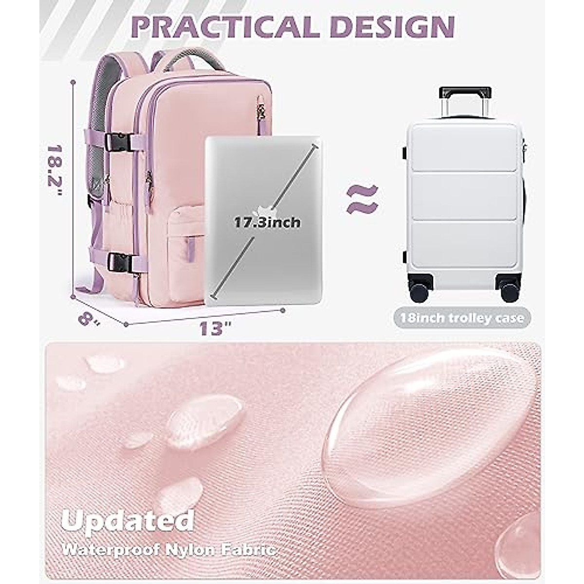 Lekakii Travel Laptop Backpacks for Women Carry On, 40L Nylon Waterproof Backpack for Traveling On Airplane, Gym Backpack Personal Item Essentials, Pink-Purple