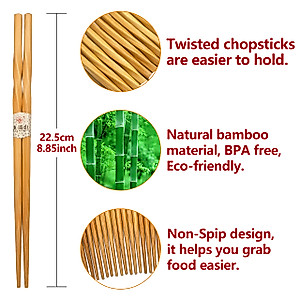 10 Pairs Bamboo Chopsticks Reusable, Twisted chopsticks Natural Wooden Chopsticks, 9.06 Inch/23cm Dishwasher Safe Lightweight by LANHUTHS