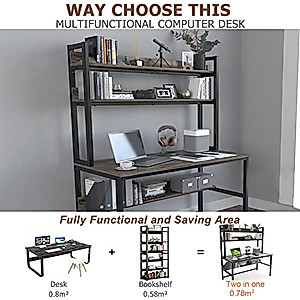 Aquzee Desk with Hutch, (Grey) 65 Inches Height Computer Desk with Space Saving Design, Metal Legs Desk with Bookshelf and Storage Shelves, Easy Assemble