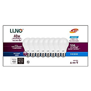 LUNO A19 Non-Dimmable LED Bulb, 6.0W (40W Equivalent), 450 Lumens, 5000K (Daylight), Medium Base (E26), UL Certified (8-Pack)