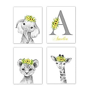 Baby Girl Nursery Wall Art Sunflower Floral Safari Animals Elephant Giraffe Lion Room Decor 4 UNFRAMED PRINTS