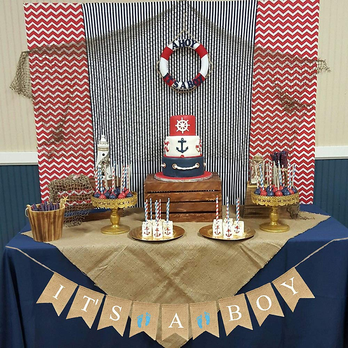 Uniwish It's A BOY Banner Burlap Fabric, Rustic Hanging Bunting Christening Garland Baby Shower Party Decorations for Baby Boy with Blue Footprint