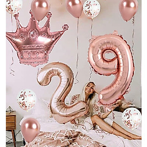 KUNGOON 29th Birthday Balloon,Rose Gold Number 29 Mylar Balloon,Funny 29th Birthday/Wedding Anniversary Crown Aluminum Foil Balloon Decoration for Women/Men.