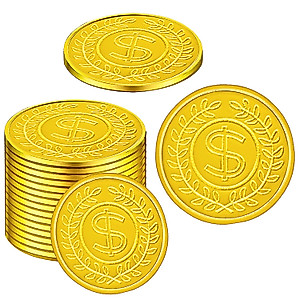100 Count Plastic Gold Coins Set, Pirate Treasure Gold Play Coins for Kids Party Theme Props Decorations, Lucky Draw Games Treasure Hunt