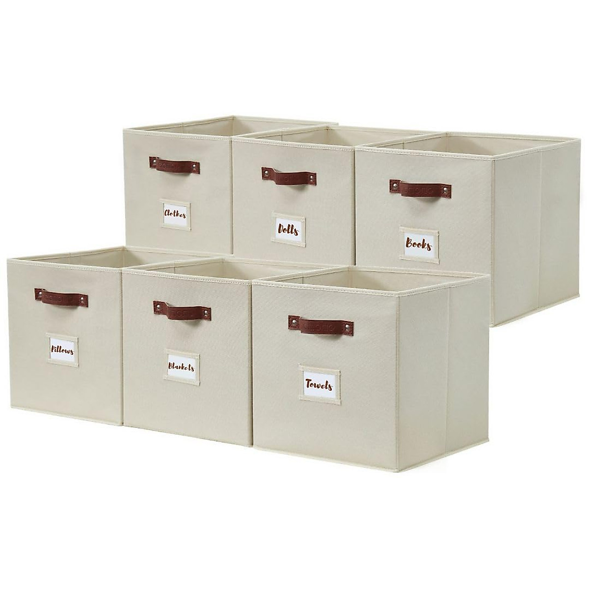 DECOMOMO Storage Bins | Cube Storage Bin with Label Holders, Fabric Storage Cubes for Organizing Shelves Closet Toy Clothes (10.5" x 11" / 6pcs, Beige)