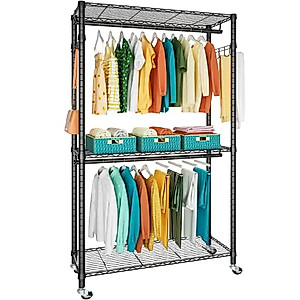 FUTASSI Portable Closets, 3 Tiers Heavy-Duty Rolling Garment Rack, Free-Standing Adjustable Clothes Storage and Organizer System with 2 Hanger Rods, 35.4" L x 15.7" D x 78.7" H, Black