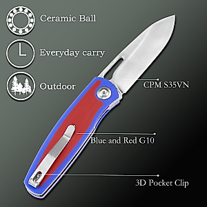 KANSEPT Mato Pocket Folding Knives for Men EDC Camping Folding Knife 3.3'' Satin CPM-S35VN Material Pocket Folding Knife with Blue and Red G10 Handle Everyday Carry K1050A1