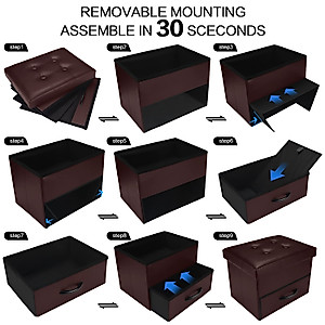 AmasSmile® Storage Ottoman Foot Rest Stool, 16 inch Leather Folding Footstool Bench, Short Ottoman Bench, Storage Foot Rest Store, Books, Records Support 220 lbs, Brown