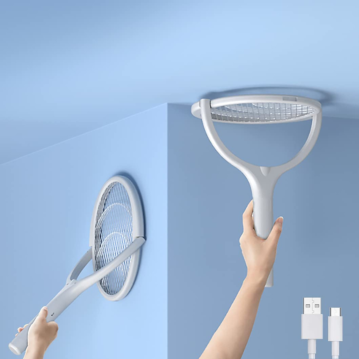 BUGZILLA Electric Fly Swatter Racket Rotating Head Type-C Rechargeable Electric Bug Zapper Racket Mosquito Zapper Fruit Fly Zapper Racket Gnat Wasp Killer Indoor 1 Pack