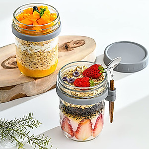 4 Pack Overnight Oat Container with Lid and Spoon, 16 Oz Glass Mason Overnight Oats Jars, Container with Measurement Marks, Portable Large Capacity Airtight Oats Jar for Milk, Cereal, Fruit, Yogurt