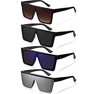 Frienda 4 Pairs Oversized Flat Top Sunglasses Vintage Square Sunglasses Unisex Square Shade Large Sunglasses for Women Men (Ice blue, Gray, Silver, Gradient Brown)