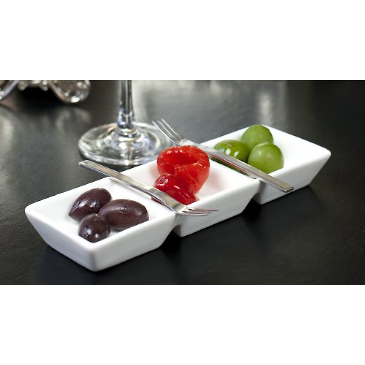 Fortessa Fortaluxe Vitrified China Dinnerware, Rectangular 3-Compartment Dipping Tray, 7.25-Inch, Set of 6