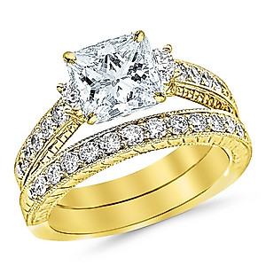 14K Yellow Gold 1.62 CTW Three Stone Vintage With Milgrain & Filigree Bridal Set with Wedding Band & Diamond Engagement Ring w/ 0.59 Ct GIA Certified Princess Cut F Color VS2 Clarity Center