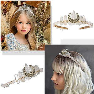AWAYTR Moon Fairy Raw Crystal Crown - Goddess Quartz Crown Headpiece for Cosplay Wedding Party Photo Shoot Mermaid Headband Tiara for Women and Girls(White Crystal+Moon)