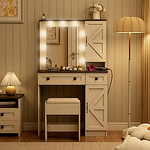 31.5" Makeup Vanity Desk with Mirror and Light, Farmhouse White Vanity with Power Outlet 2 Drawers, 3 Color Lighting Mode, Bedroom Vanity Desk for Girl, Women (31.5inch)
