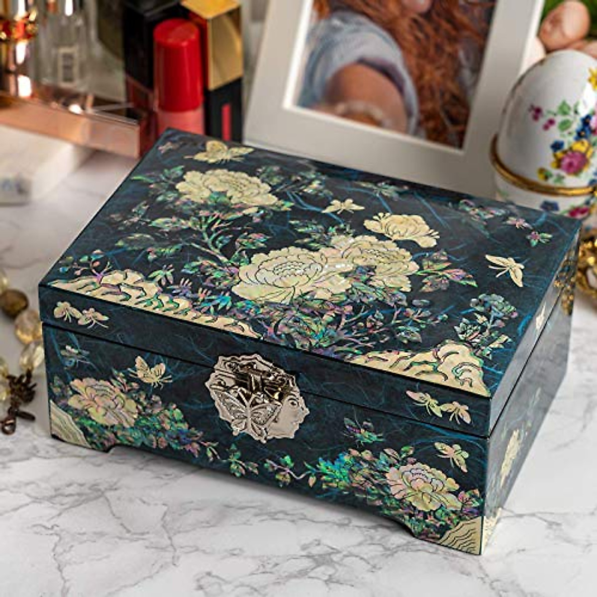 February Mountain Mother of Pearl Jewelry Organizer Box with Ring Tray - Gifts for Women Unique gift for women who have everything