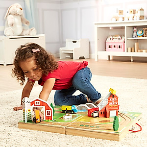 Melissa & Doug 17-Piece Wooden Tabletop Farm Playset With 4 Vehicles, Grain House & Play Pieces - Pretend Barnyard Toy For Toddlers Ages 1+