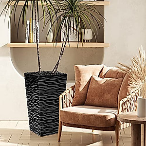 QCQHDU 2 Pack Tall Planters,16.5 Inch Square Tapered Flower Pots Outdoor Indoor Tree Planter, Modern Wavy Finish Decorative Planters for Front Porch Home Garden Patio (Black)…