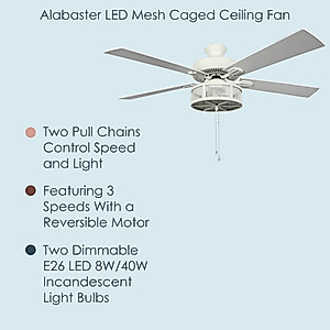 RIVER OF GOODS Alabaster LED Mesh Caged Ceiling Fan - 52" L X 52" W - White/Oak Wood-Grain Blades