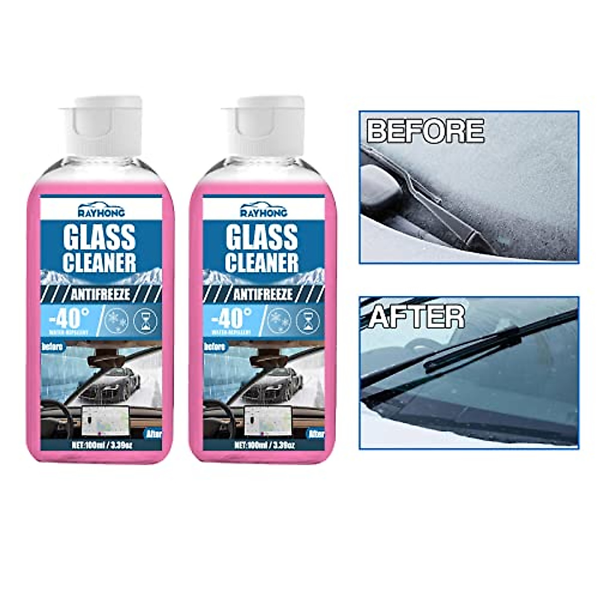 RAYHONG 2Pcs Windshield Washer Fluid Concentrate, Multi-Surface Glass Cleaning, Car Antifreeze Glass Water - 100ML