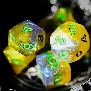 Cusdie 7-Die Resin DND Dice, Polyhedral Dice Set, for Role Playing Game Dungeons and Dragons D&D Dice MTG Pathfinder (Yellow/Blue Green Numbers)