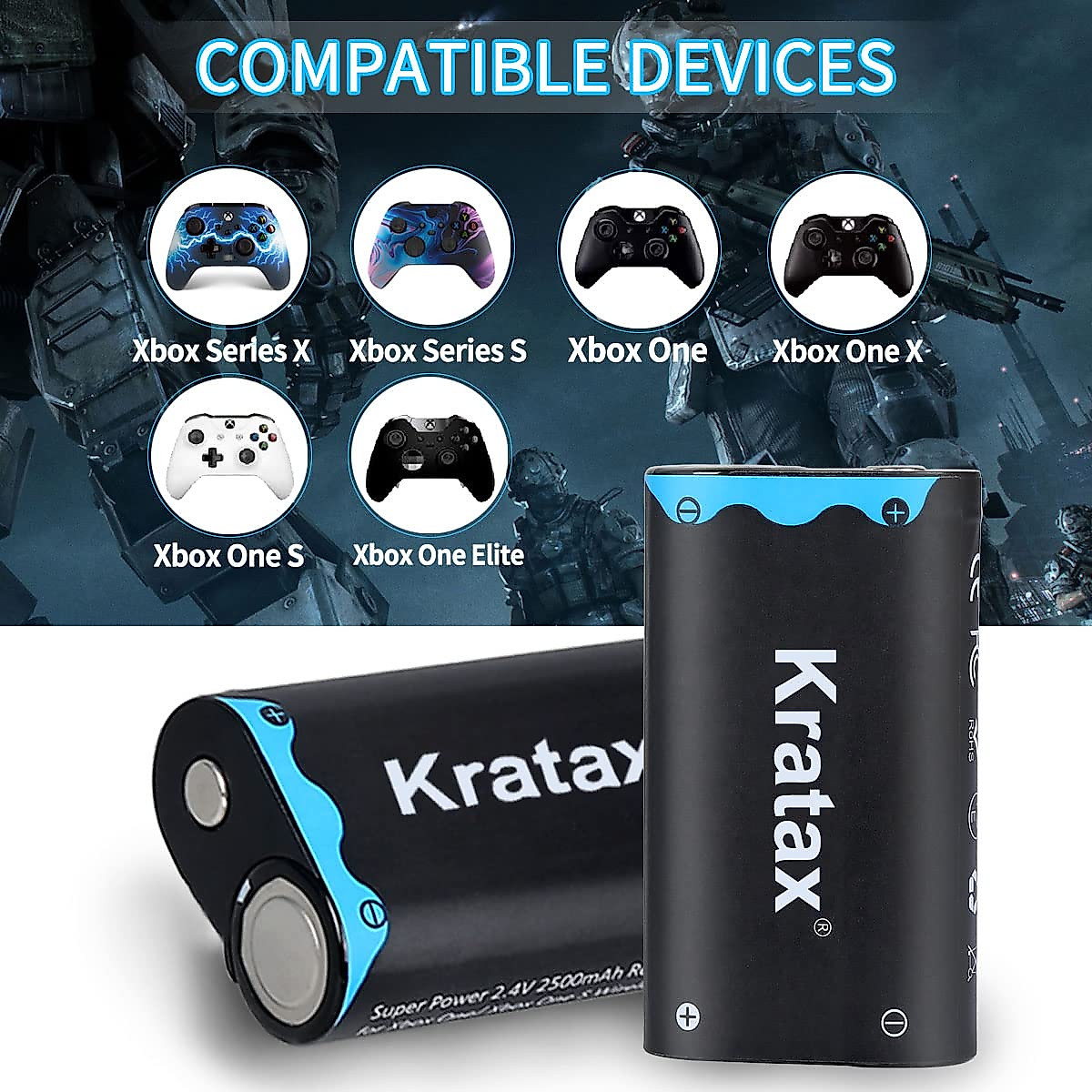 Kratax 2500mAh Rechargeable Batteries 2 Count for Xbox One with Fast Charger, 48 Hours Playtime