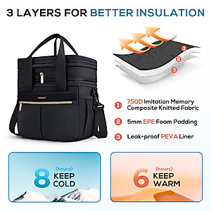 TOURIT Insulated Lunch Box Bag, Double Deck Leakproof Cooler Tote for Work Office Picnic, Expandable Lunch Container, Black