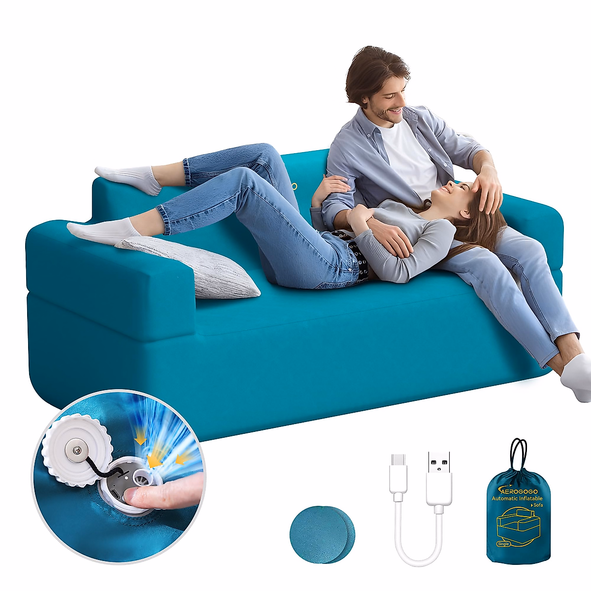 Aerogogo Inflatable Couch Self Inflatable Sofa, Air Couch with Built-in Air Pump Rechargeable, 4kPa High-Pressure & Durable Blow up Couch Camping Couch for Picnic Beach Home (Loveseat)