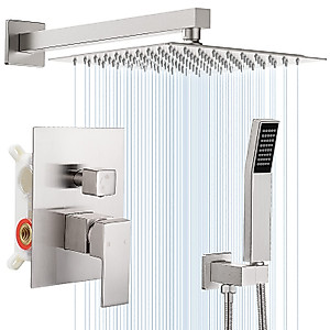 HGN 10 Inches Bathroom Rain Shower Combo Set Wall Mounted Rainfall Brushed Nickel Shower Head System Rough-in Valve Body and Trim Included