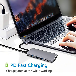 USB C Adapter, USB C Hub, 7 in 1 Type C Adapter with 4k HD Port, 3 USB 3.0 Ports, SD/TF Card Reader, USB C PD Charging Port by Gecen, Compatible with MacBook Pro/Air, Chromebook