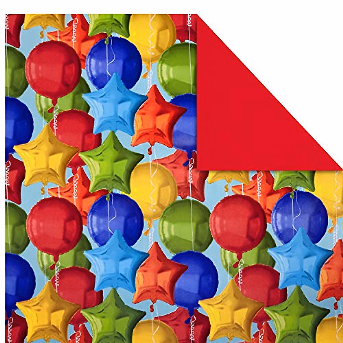 Hallmark All Occasion Reversible Wrapping Paper (3 Rolls: 75 sq. ft. ttl) Colorful Balloons, Stars on Orange, Cupcakes, Blue Stripes, Solid Red for Kids Birthdays, Graduations, Celebrations