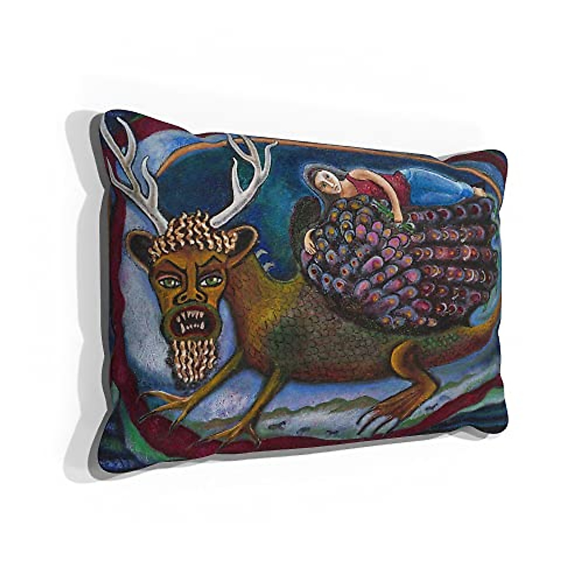Northwest Art Mall My Dragon: Colorful Imaginary Portrait with Woman Artist Faux Suede Sofa Throw Pillow from Oil Painting by Folk Artist Libby Hoagland 13" x 19".