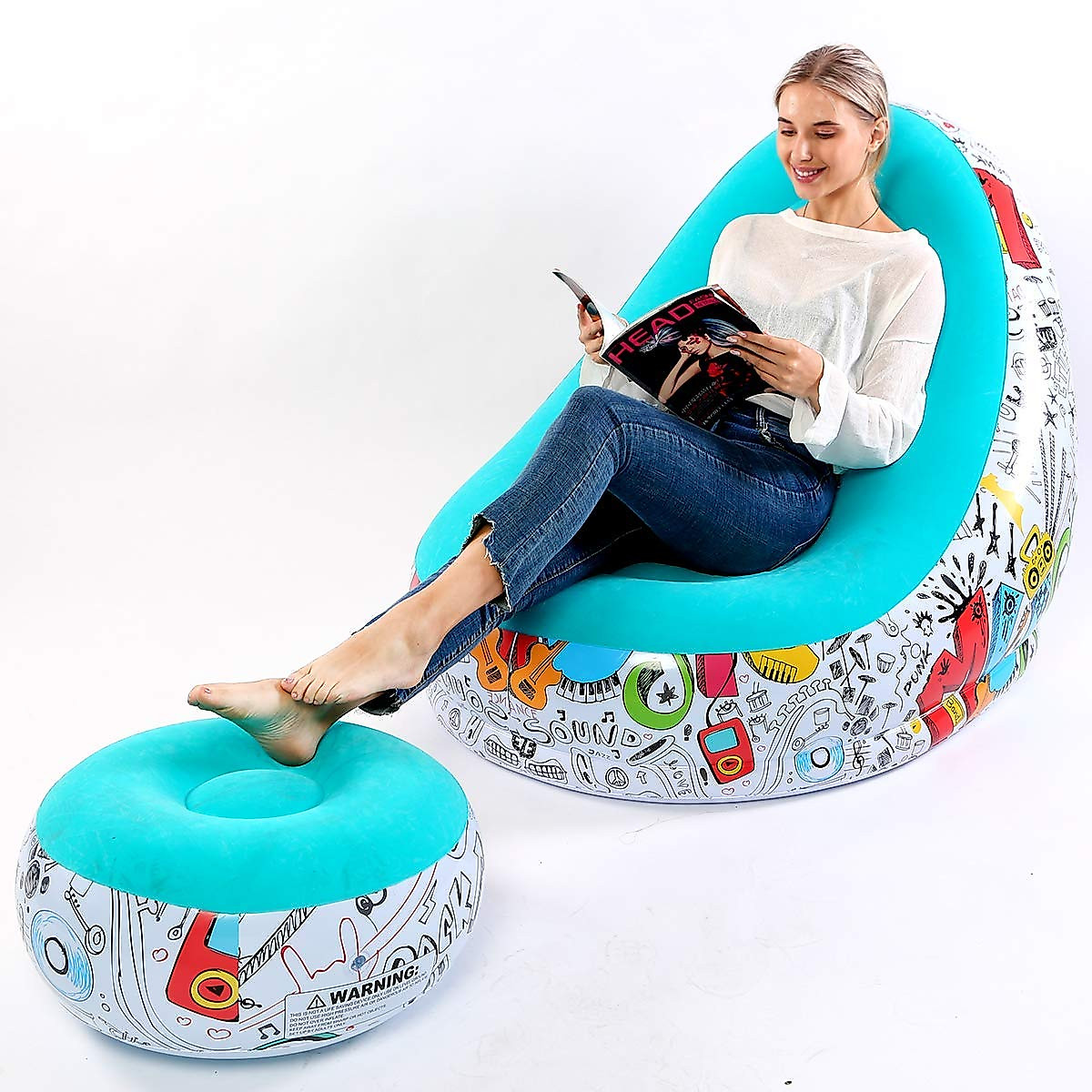 Lazy Sofa, Inflatable Sofa, Family Inflatable Lounge Chair, Graffiti Pattern Flocking Sofa, with Inflatable Foot Cushion, Suitable for Home Rest or Office Rest, Outdoor Folding Sofa Chair (Blue)
