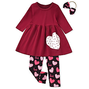 fioukiay Girls Valentine's Day Clothes Outfit Toddler Girl Ruffle Love Heart Top with Trim Legging Set (Wine Heart, 7-8 Years)