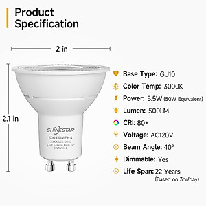 SHINESTAR 6-Pack MR16 LED Bulb, GU10 Base, 5.5W (50W Equivalent), 3000K Warm White, Dimmable Spotlight Bulb