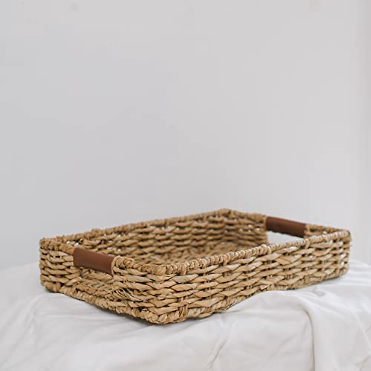 Large Decorative Rattan Woven Serving Tray + Leather Handles 20''x12’,Rectangle Wicker Centerpiece,Boho Kitchen + Home Decor Basket,Coffee Table Organizer,Summit Living,All Occasions Tan