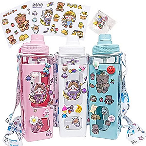 Fanovo Kawaii Water Bottle for Girls, Cute Kids Water Bottles with Straw, Carton Water Jug Large Square Drinking Bottle, Portable Leakproof Aesthetic Water Cup + 3D Stickers/Shoulder Strap, 30 oz