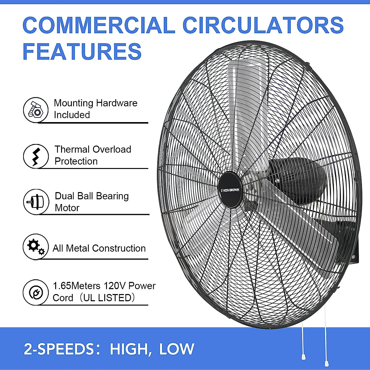 KEN BROWN 30 Inch Industrial Oscillating Wall Mount Fan 9500CFM,Heavy Duty Metal,High Velocity,2 Speed,Black