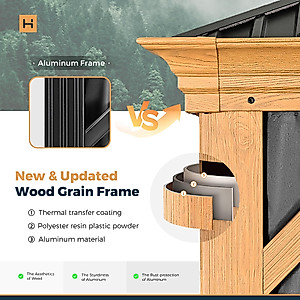 HAPPATIO 10' x 12' Hardtop Gazebo, Outdoor Wood Grain Frame Aluminum Metal Gazebo with Galvanized Steel Double Roof，Patio Gazebo Canopy with Netting and Curtains for Patio, Deck，Backyard (Gray)