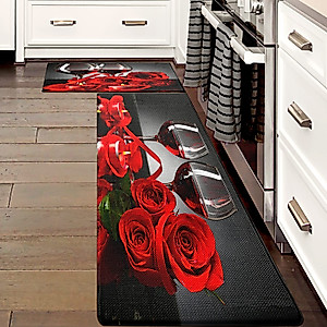 FNLNDO Red Wine Kitchen Rugs and Mats Set of 2 Modern Rose Anti Fatigue Kitchen Floor Mat Non-Skid Washable Kitchen Runner Rug for Kitchen Sink Laundry