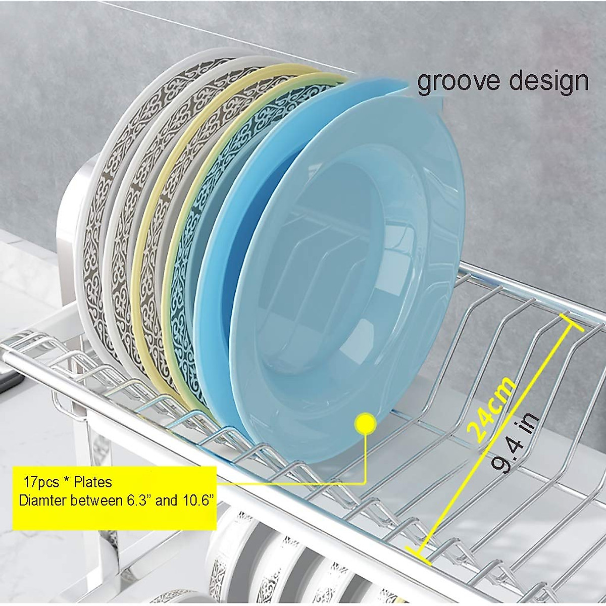 2-Tier Dish Rack, Colture Stainless Steel Dish Drying Rack with Utensil Holder and Drain Board Wine Glass Holder Easy-Storage Rustproof Kitchen Counter Dish Drainer Rack Organizer, Silver