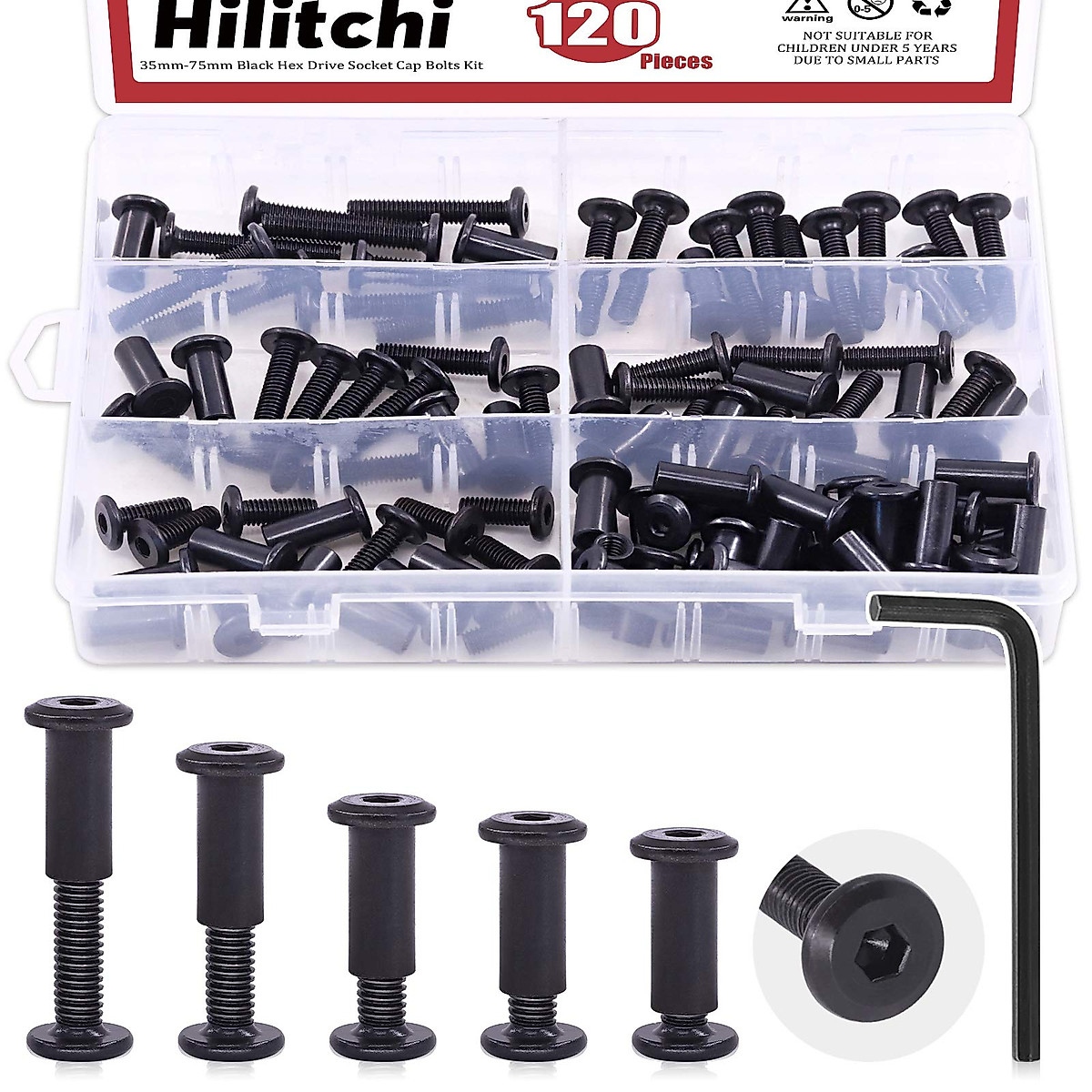 Hilitchi 120Pcs M6 Hex Drive Socket Cap Bolts Kit Countersunk Head Screws Bolts Dowel Barrel Nuts Crib Bolts Nuts Assortment Kit for Furniture Hardware Fitting (16/20/25/30/35mm)