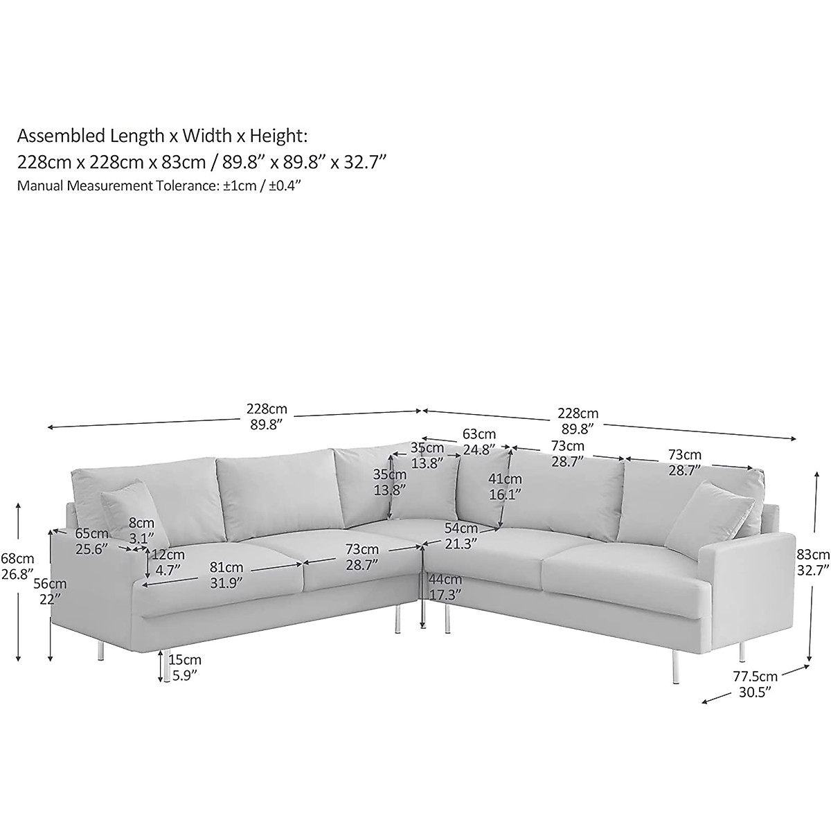 KEVINSPACE 89.8''x 89.8'' Sectional Sofa Living Room Modern Corner Sectional Couch Upholstered Sofa Furniture, L Shape Technical Leather Couch with 3 Pillows, Gold Legs Beige