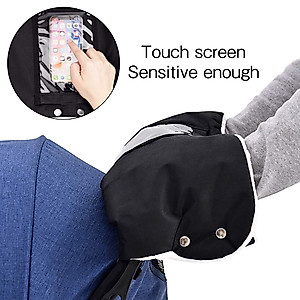 COCODE Pram Hand Muff,Baby Pushchair Fleece Hand Gloves Stroller Hand Muff Hand Warmer Windproof Thickening Anti-Freeze Gloves Universal Pram Accessory with Touch Screen Phone Bag