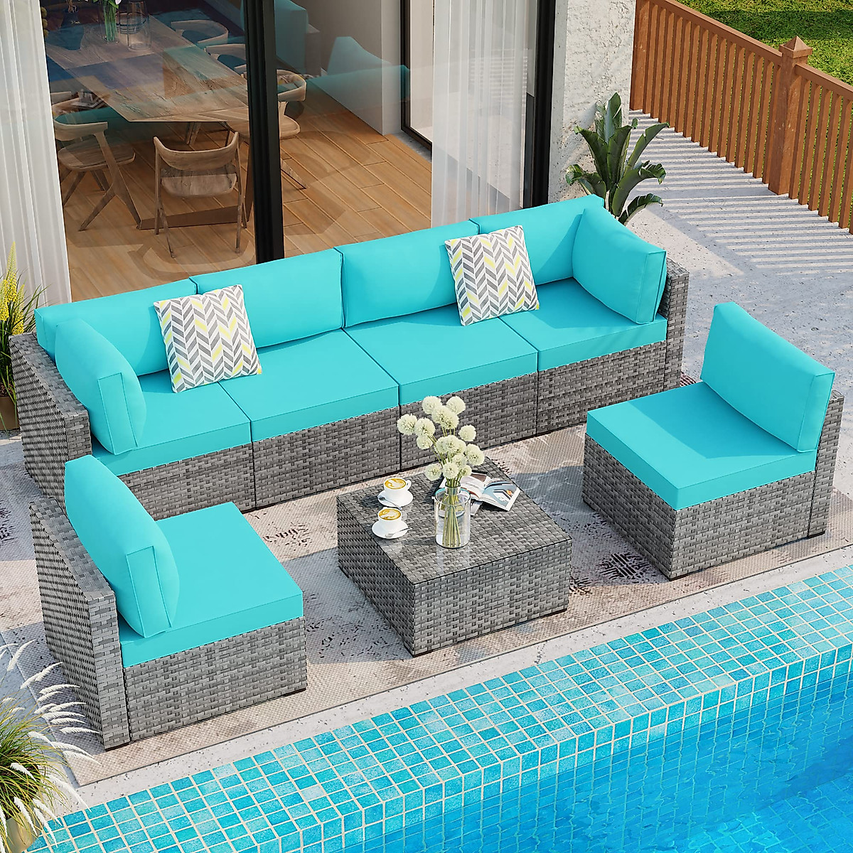Shintenchi 7 Pieces Outdoor Patio Sectional Sofa Couch, Silver Gray PE Wicker Furniture Conversation Sets with Washable Cushions & Glass Coffee Table for Garden, Poolside, Backyard (Sky Blue)